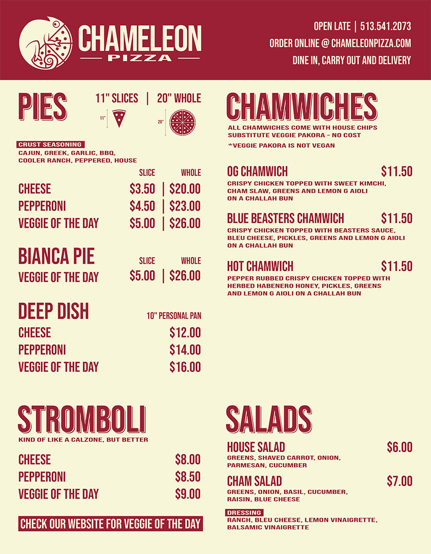 Menu | Chameleon Pizza