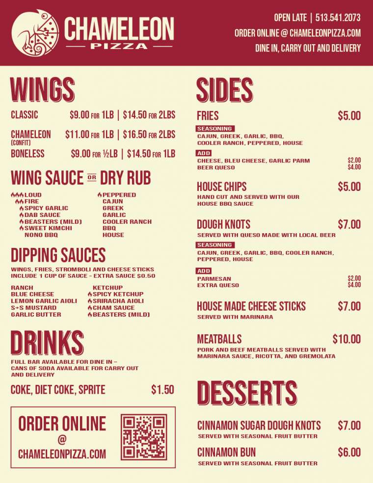 Menu | Chameleon Pizza